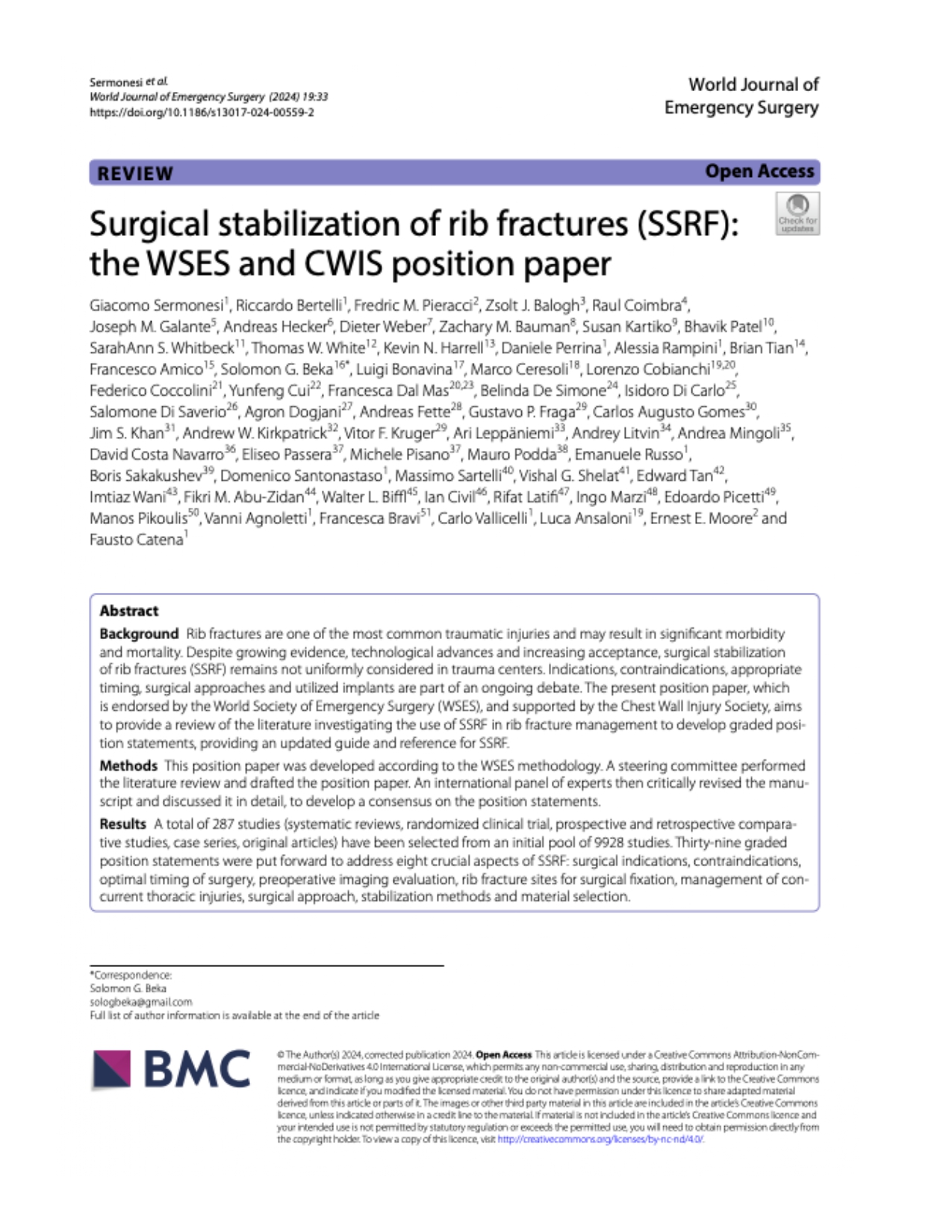 Surgical stabilization of rib fractures (SSRF): the WSES and CWIS ...